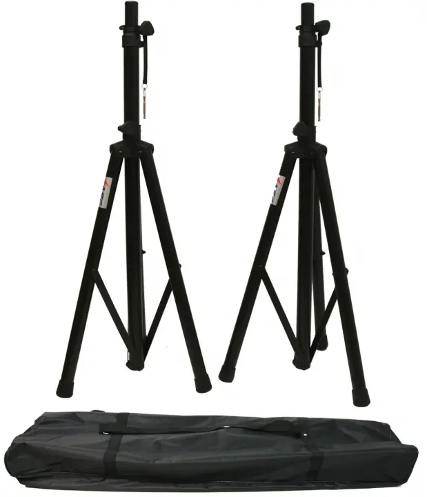 (2) DJ PA Speaker Universal Stands and Nylon Carrying Bag Package