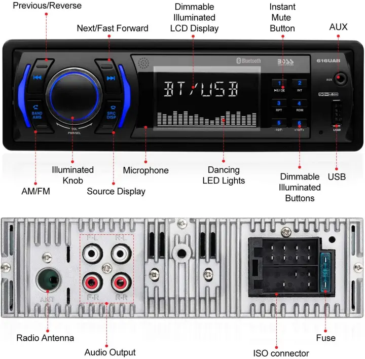 Boss 616UAB Bluetooth Multimedia Car Audio Receiver USB AUX In AM FM Radio 616UAB